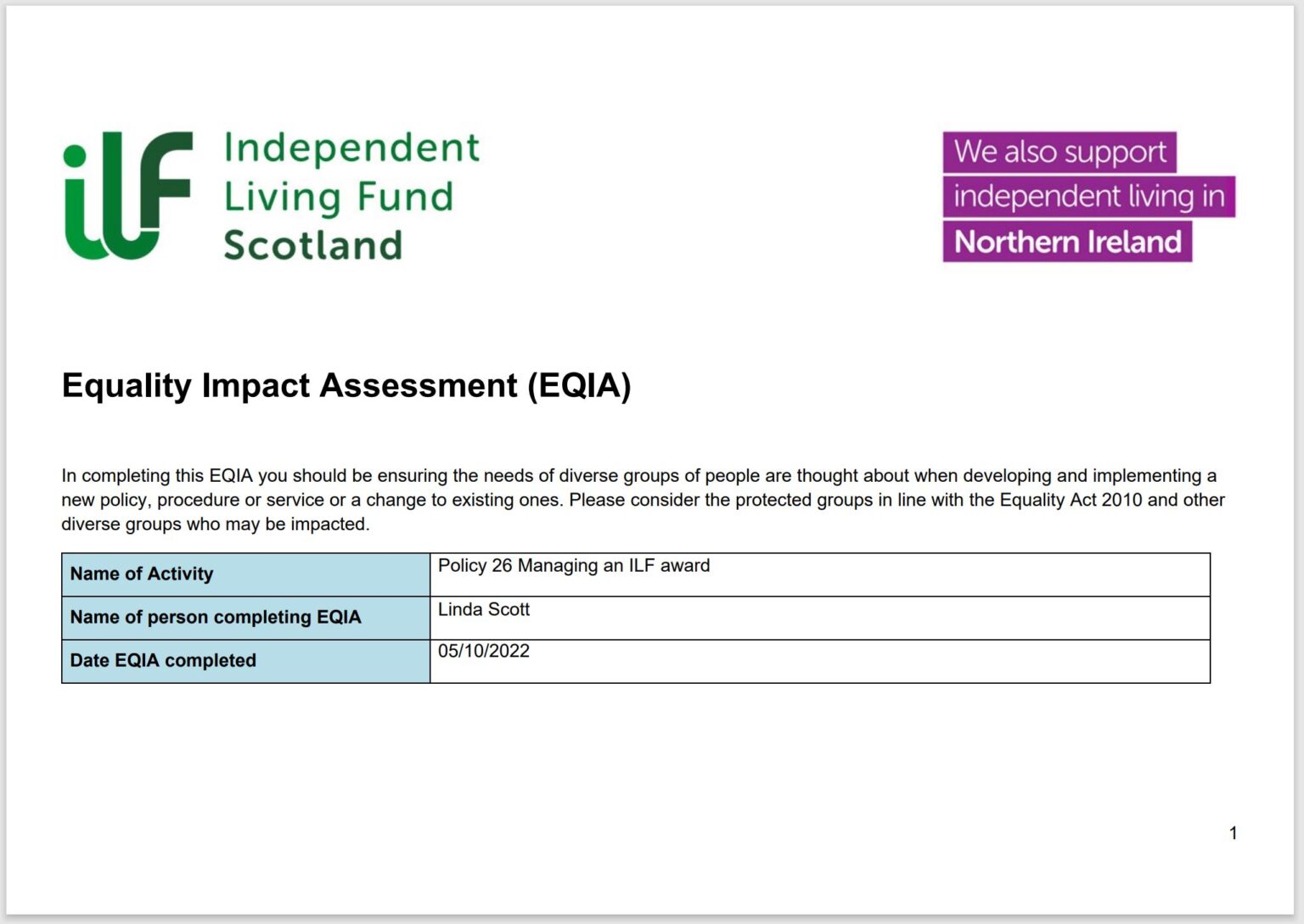 Equality Impact Assessment: Policy 26 Managing an ILF award | ILF Scotland