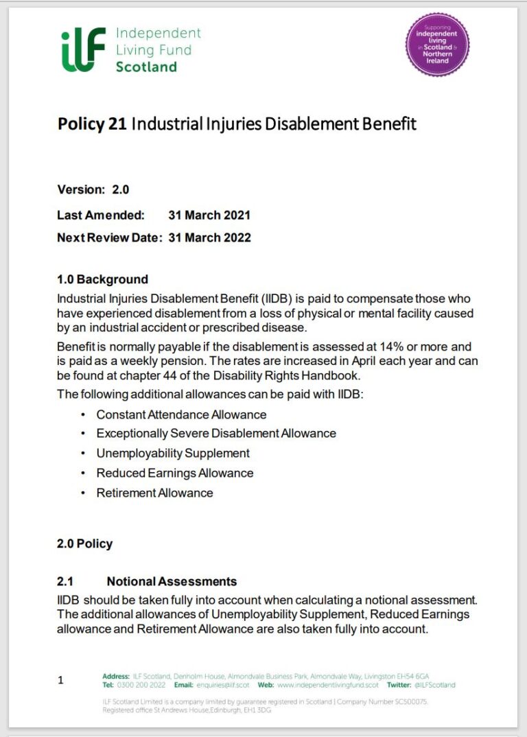 Policy 21 - Industrial Injuries Disablement Benefit (Scotland) | ILF ...