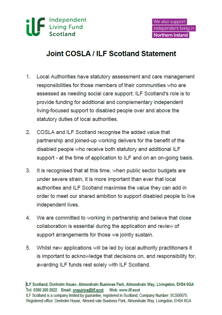 Joint COSLA / ILF Scotland Statement | ILF Scotland