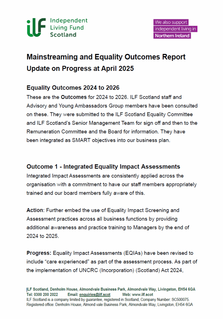 Mainstreaming and Equality Outcomes Report Update on Progress at April ...